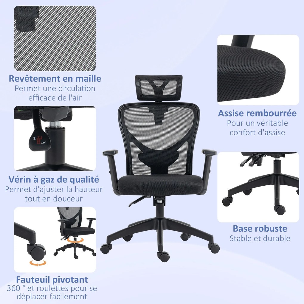 Vinsetto Kancelářská Židle, Kancelářská Židle, Nastavitelný Hlava a Opěrky Rukou, Naklápěcí Ergonomický Opěrák, Výškově Nastavitelný Sedák, Otočná, P…
