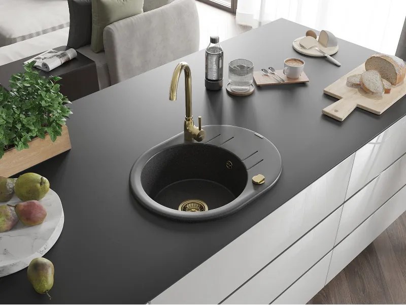Mexen Kevin, granitový dřez 586x458x190 mm, 1-komorový, černá skvrnitá se zlatým sifonem, 6517581005-76-G