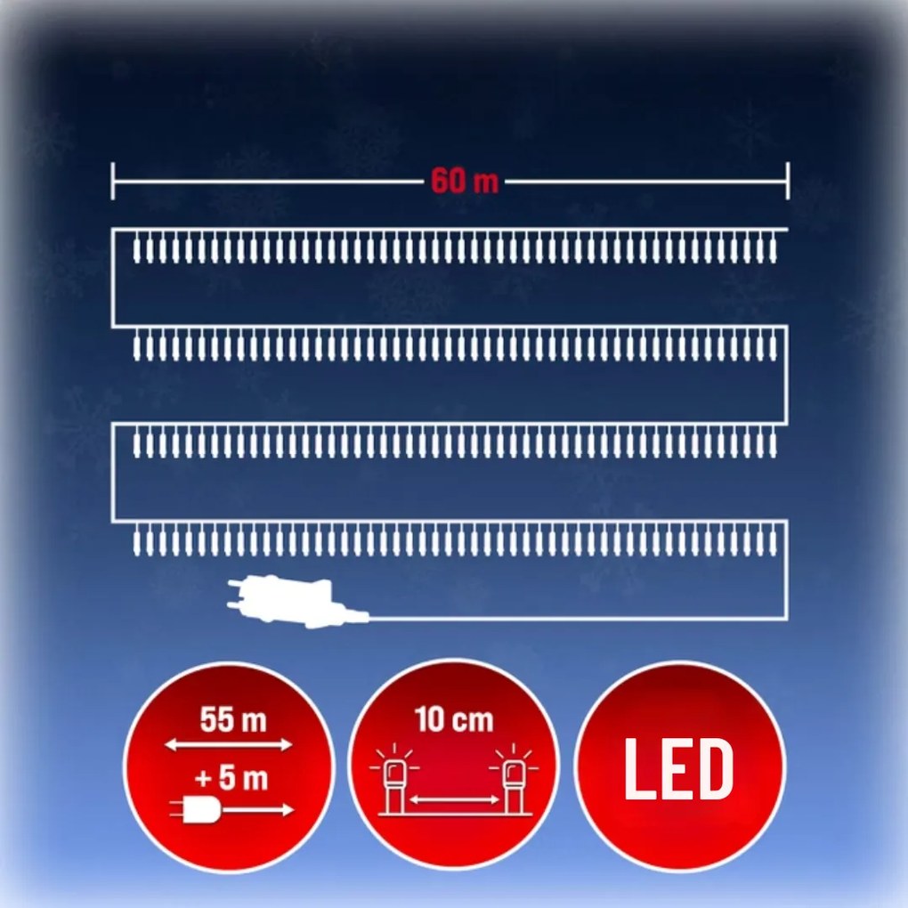 Vánoční světelný řetěz SIMPLE, 60m, studená bílá Monzana