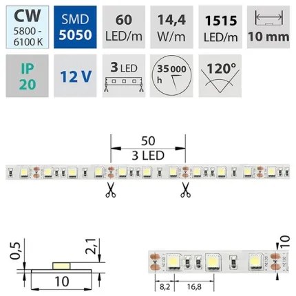 LED pásek McLED 12V studená bílá š=10mm IP20 14,4W/m 60LED/m SMD5050 ML-121.599.60.2