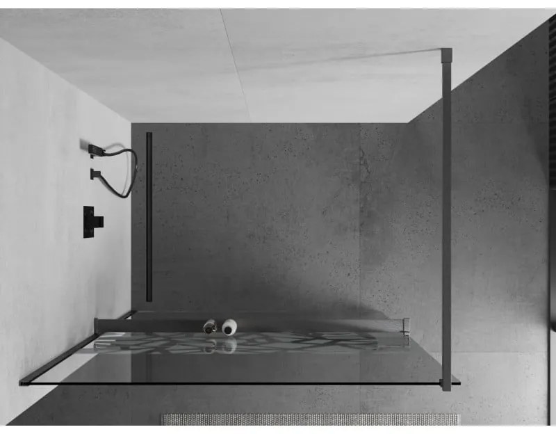 Mexen Kioto+, sprchová zástěna Walk-In s poličkou a věšákem 130 x 200 cm, 8mm čiré sklo bílý vzor, grafitový profil, 800-130-121-66-85