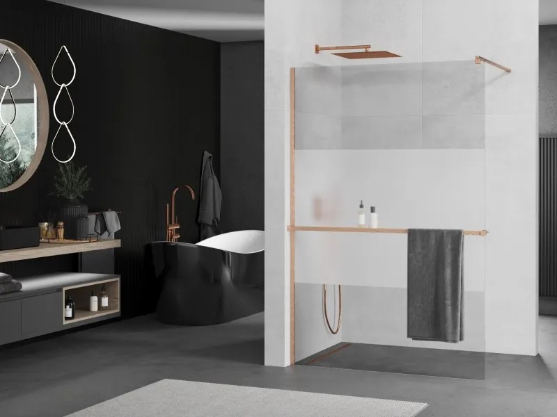 Mexen Kioto+, sprchová zástěna Walk-In s poličkou a věšákem 100 x 200 cm, 8mm čiré sklo-námraza, měděný matný profil, 800-100-121-65-35