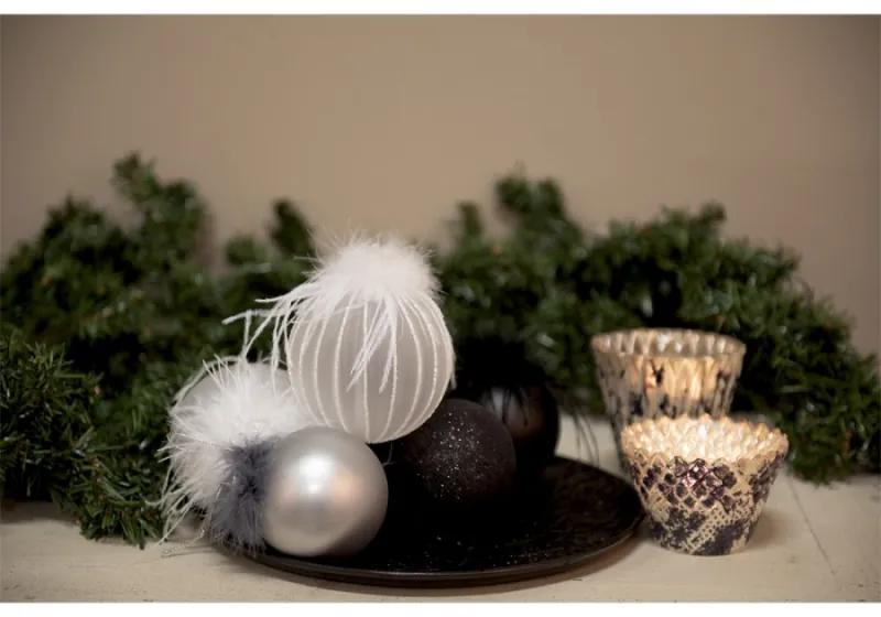4ks bílá vánoční ozdoba koule s peříčky a flitry – 10 cm
