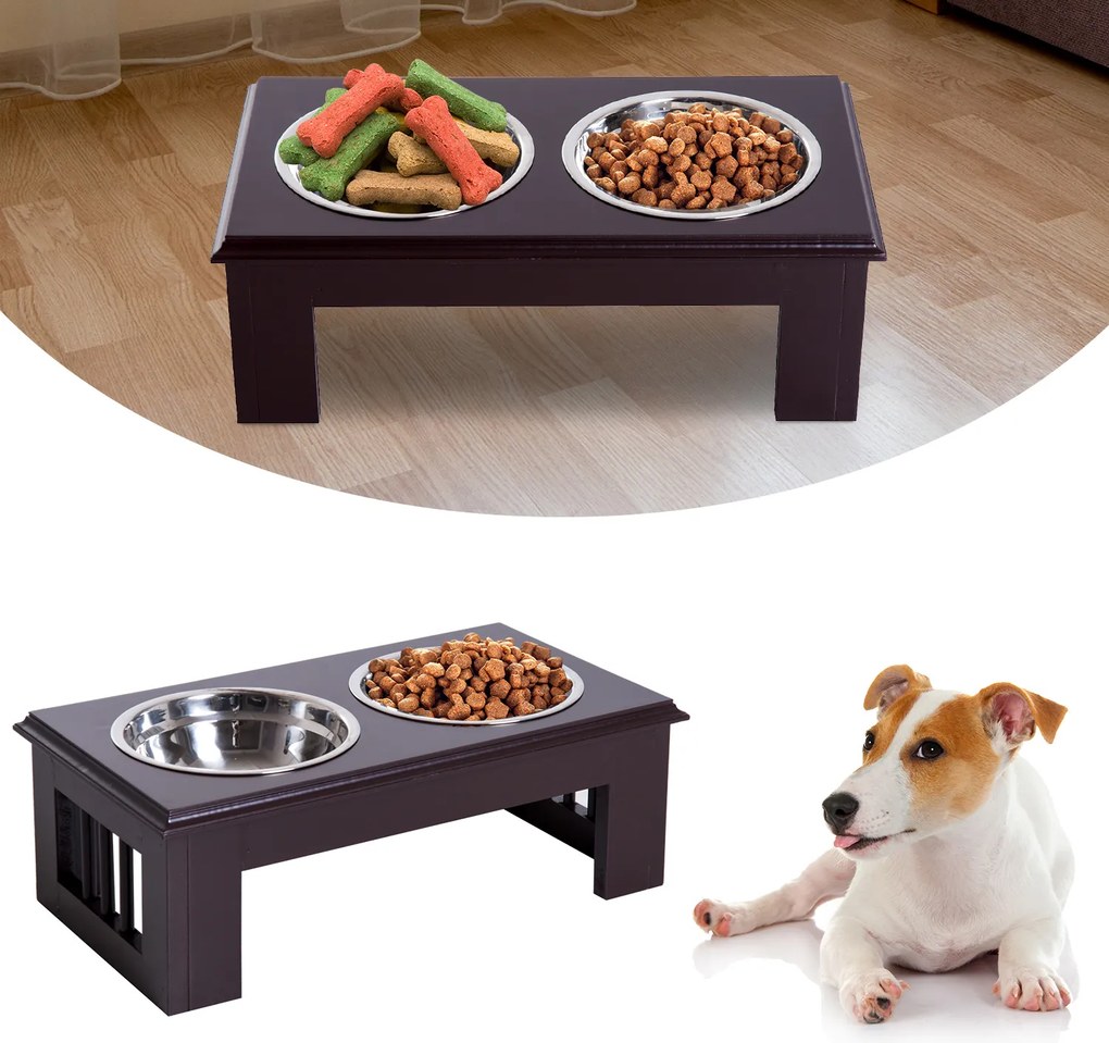 PawHut sada misek pro psy 2 nerezové misky na krmivo, zvýšená miska pro kočky, MDF, snadná údržba, káva, 44x24x15cm| Aosom