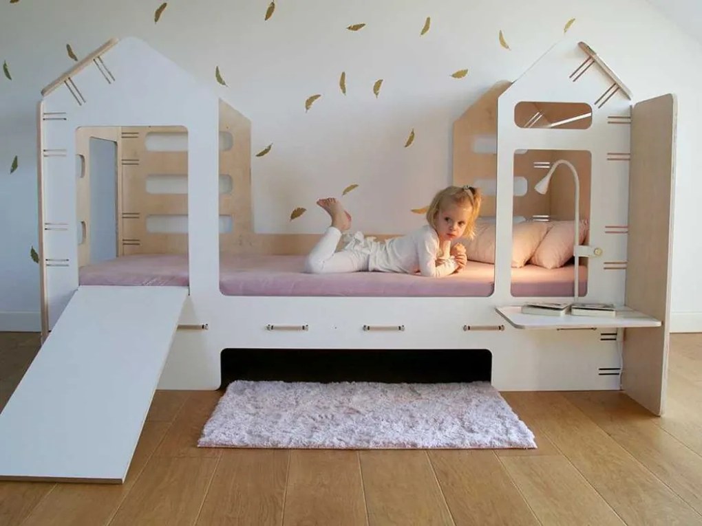 Myminihome Dětská domečková postel se skluzavkou a lampičkou Zvolte barvu: Béžová, Zvolte rozměr: 90x200 cm, Zvolte stranu: Vpravo