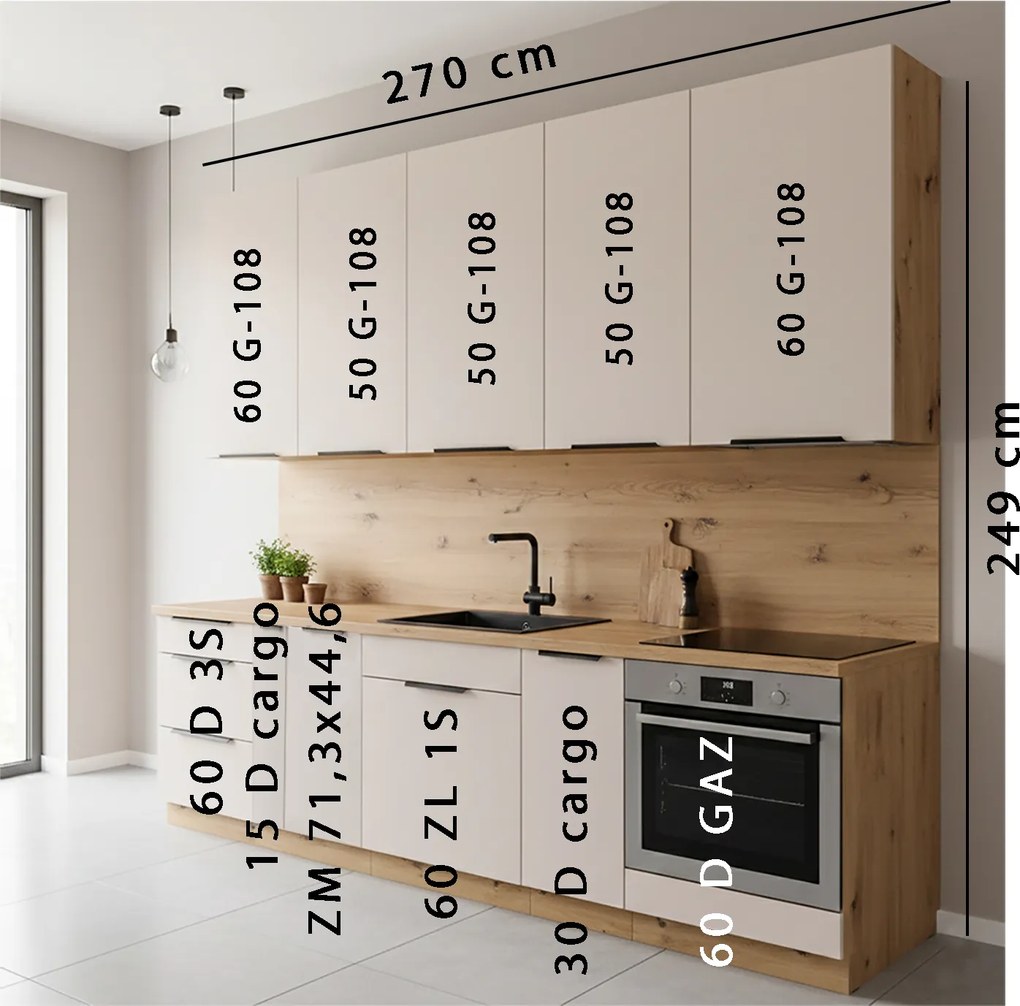 Kuchyňská linka SOLEA | 270 cm | artisan/kašmír | PREMIUM BOX | UNI dvířka | VÝBĚR ÚCHYTŮ