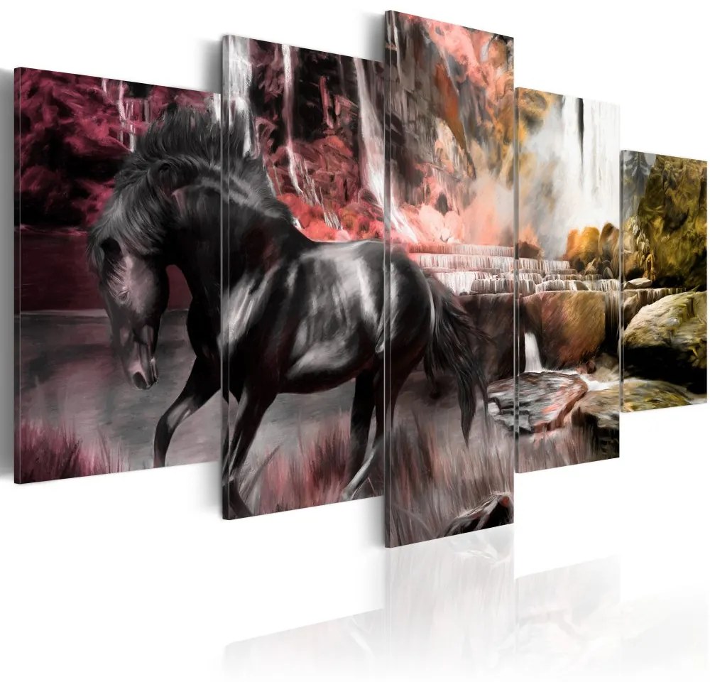 Obraz na plátně Bimago - Black horse on crimson sky background 100x50 cm
