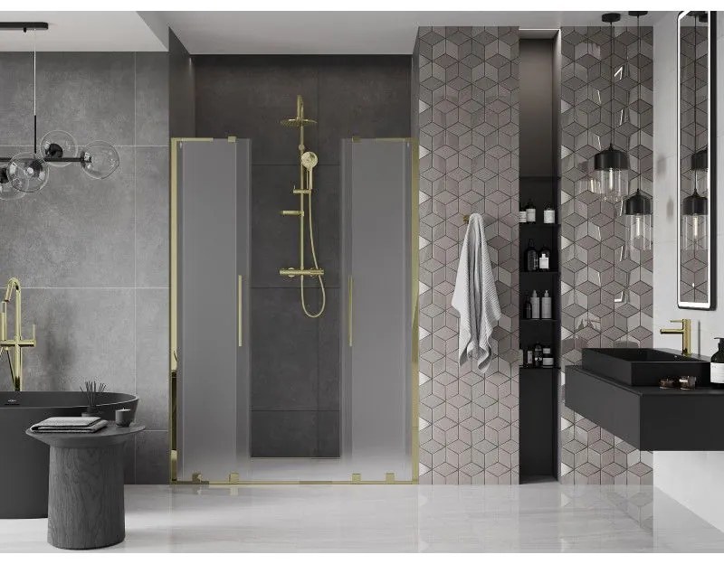 Mexen Velar L Duo, posuvné sprchové dveře do otvoru 160 cm, 8mm sklo námraza, zlatá lesklá, 871-160-003-32-50