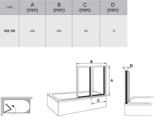 Ravak VS2 105 796M0100Z1 vanová zástěna bílá+transparent