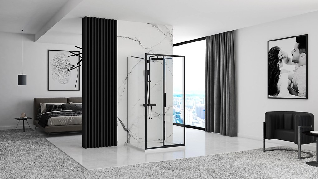 Rea Rapid Slide Wall, 3-stěnný sprchový kout s posuvnými dveřmi 110 (dveře) x 80 (stěna) x 195 cm, 6mm čiré sklo, černý profil, KPL-09877