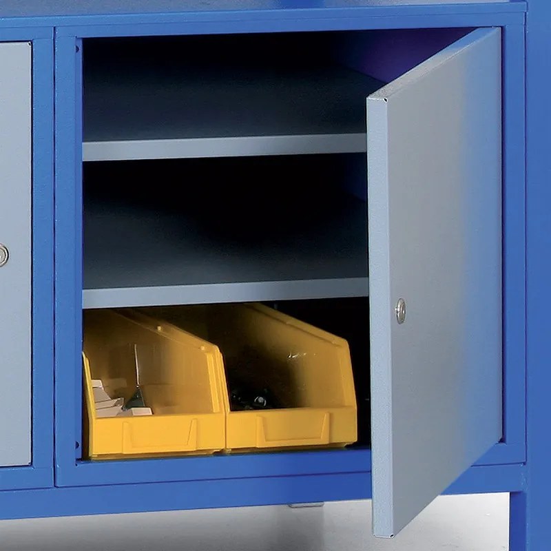 Dílenský pracovní stůl GD, smrk + oboustranně dýhovaná smrková překližka, 3 zásuvky, 1 skříňka, 1190 x 600 x 850 mm, šedá