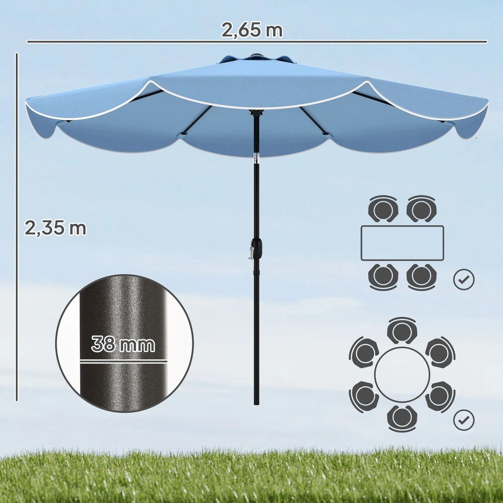Outsunny Kulatý slunečník Balkonový slunečník Plážový slunečník s trojitým naklápěním Klika 8 vzpěr Ø265 x 235H cm Nebesky modrý