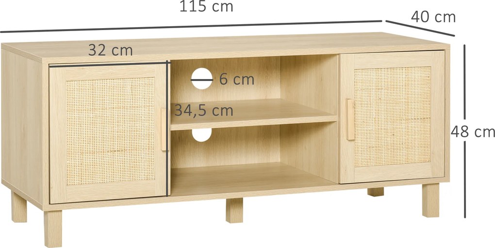 HOMCOM TV Stánek s Věšákem - 2 Přihrádky, 2 Skříně s Ratanovými Dveřmi, 115 x 40 x 48 cm, MDF s Povrchovou Úpravou Světle Dřevo