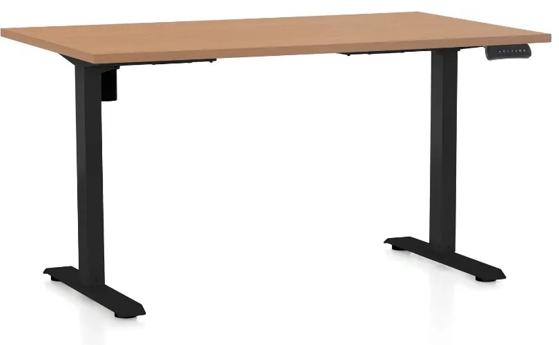 Výškově nastavitelný stůl OfficeTech B, 140 x 80 cm, černá podnož, buk
