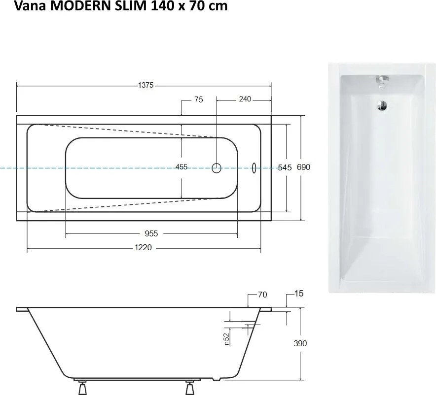 Besco Modern Slim obdélníková vana 140 x 70 cm akrylát bílá VANMOD14SLIM