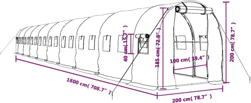 vidaXL Skleník s ocelovým rámem 36 m² 18 x 2 x 2 m [3188035] Barva: Zelená