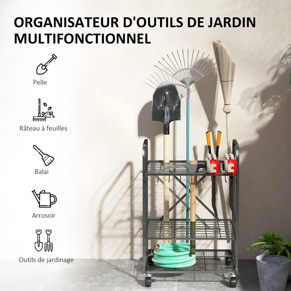 Organizér na zahradní nářadí Outsunny s 9 háčky, držák na 40 nástrojů, kovový regál na kolečkách do garáže pro nůžky, lopaty, hrábě, černý