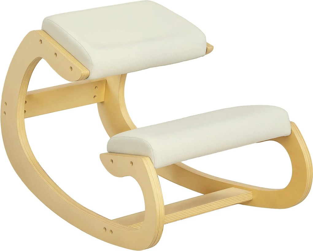 HOMCOM Křeslo na kolenou s houpacím mechanismem, ergonomické křeslo v lněné tkanině a břízovém dřevě, 55x85x55 cm, krémová