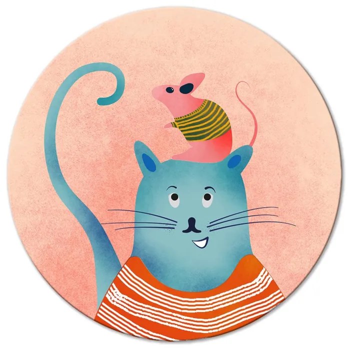 Kulatý obraz Dobří přátelé - pohádková kočka v modrém svetru