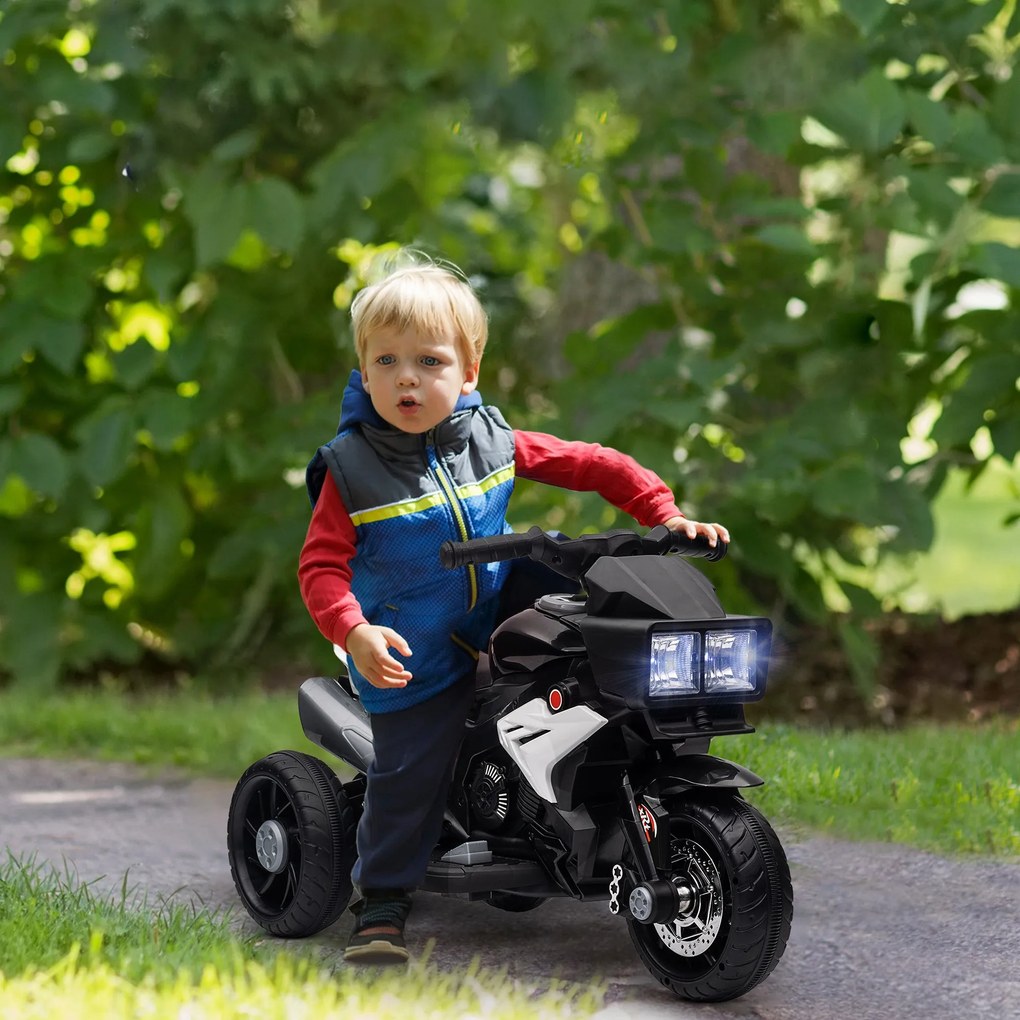 HOMCOM Elektrická Motorka pro Děti od 3 Let, 6V, Napájená Baterií, s Svetly, Hudbou, Klaksonem a Širokými Pneumatikami, Rychlost 3 km/h, Černá