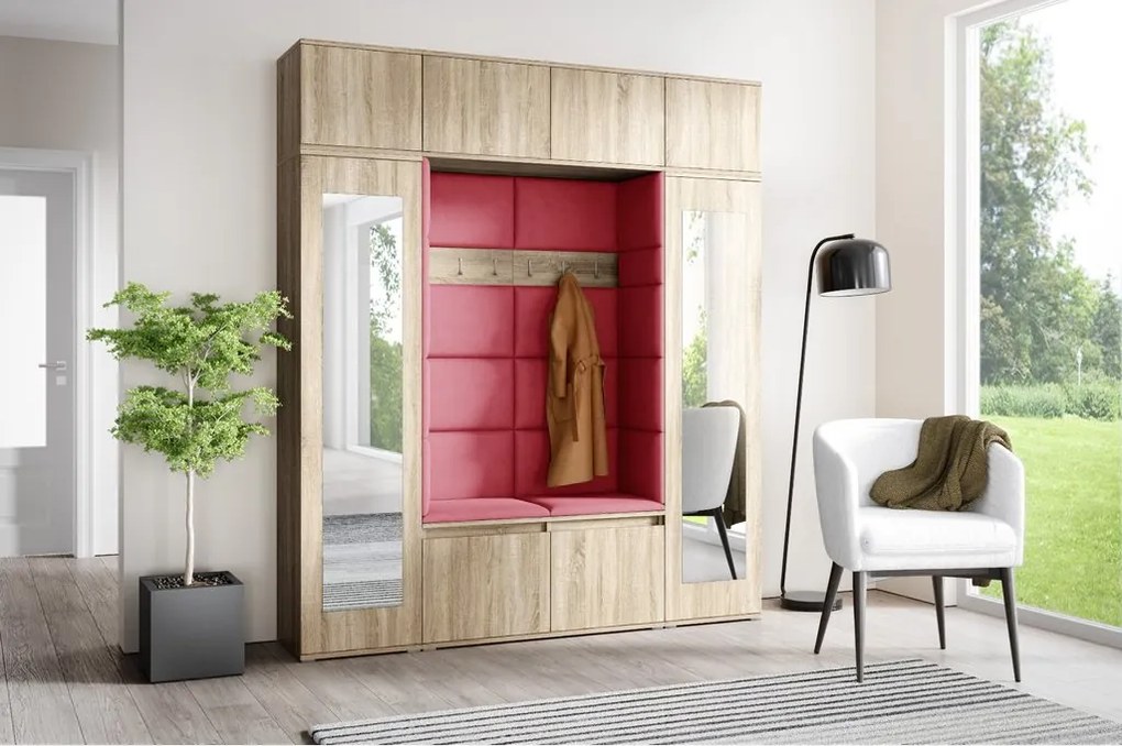 Eka Předsíňová stěna s čalouněnými panely Trinity 32 - Sonoma / Červená 2309