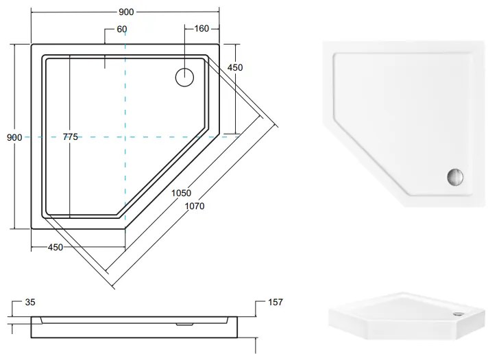 Besco Bergo pětiúhelník 90x90x15,7 sprchová vanička