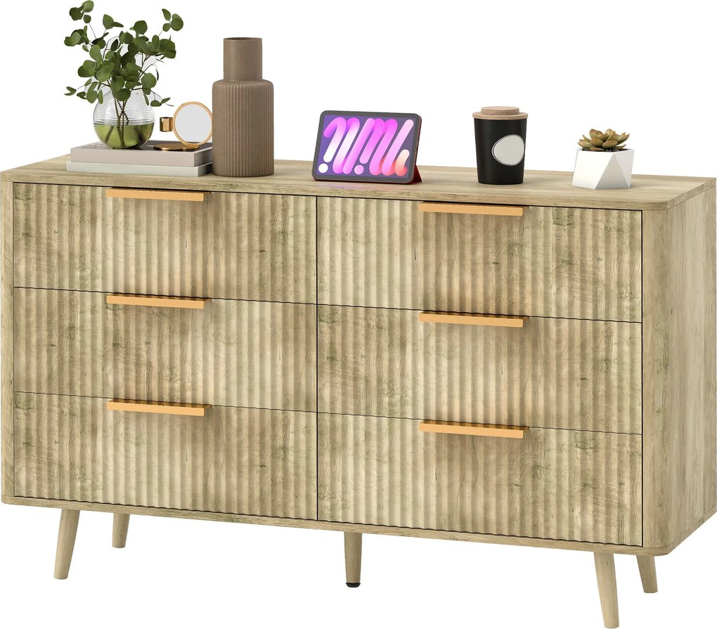 HOMCOM Komoda se 6 zásuvkami do ložnice s pruhovaným designem a dřevěnými nohami, příborník do obývacího pokoje a chodby 62x35x105 cm Dub | Aosom