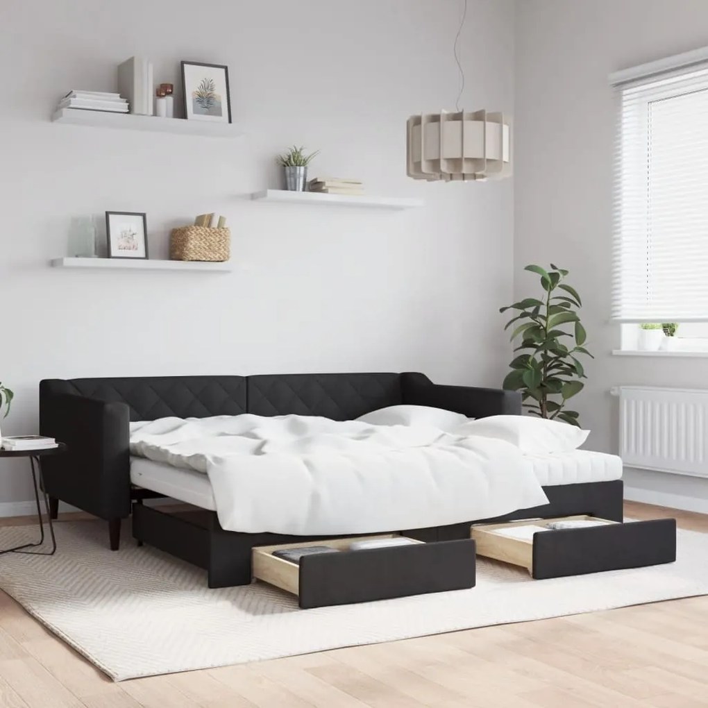 Válenda s přistýlkou a zásuvkami černá 90 x 190 cm textil 3197492