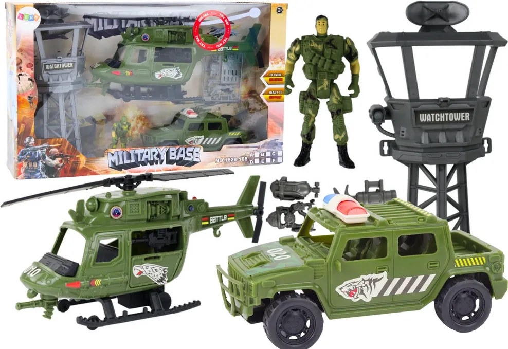 LEAN Toys Vojenská sada: vrtulník, bojové vozidlo, věž a voják