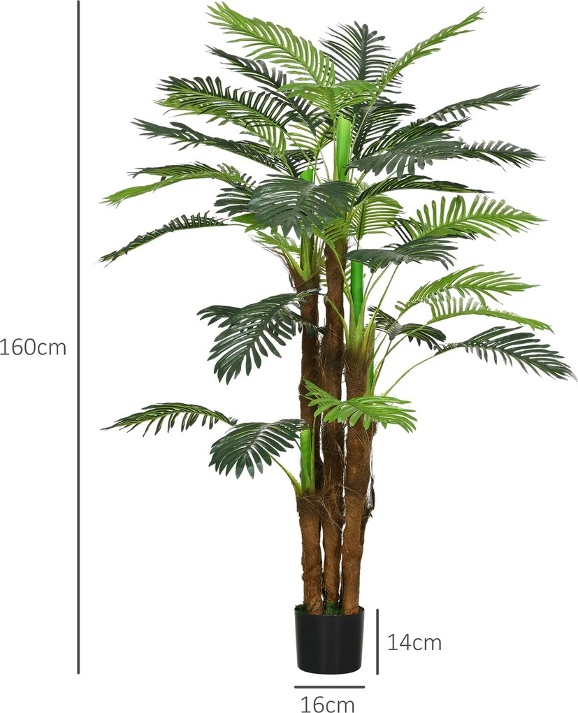 HOMCOM Umělé rostliny, umělá palma, 160 cm umělá rostlina s 36 větvemi, pokojová rostlina, umělý strom, rostlinná dekorace do interiéru, exteriéru, z…