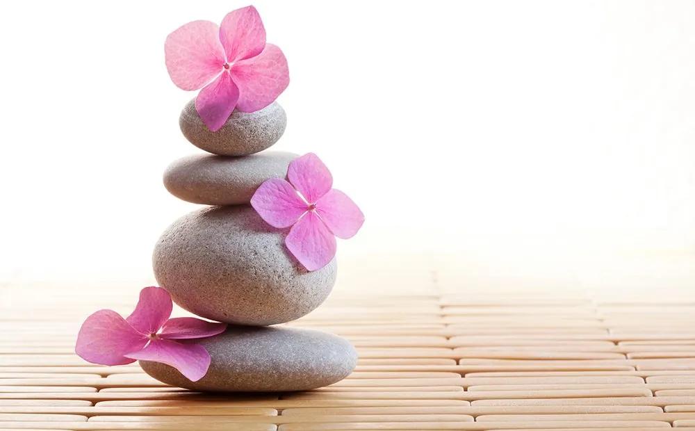 Fototapeta balans kamenů a růžové květiny