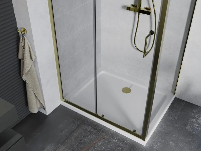 Mexen Apia sprchový kout s posuvnými dveřmi 100 (dveře) x 90 (stěna) cm, 5mm čiré sklo, zlatý profil + bílá sprchová vanička SLIM, 840-100-090-50-00-4010G