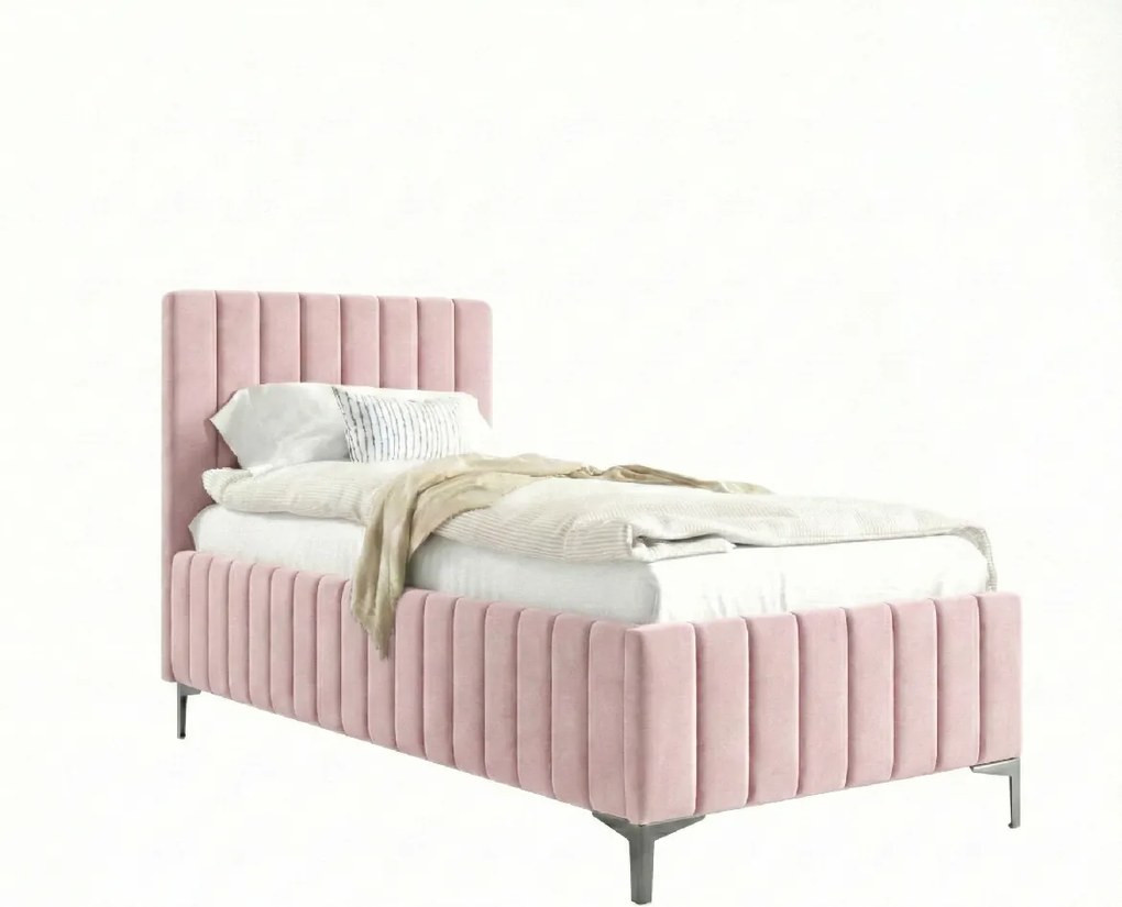 Eka Čalouněná postel INTIMA+ 90x200 cm Barva látky Trinity: Krémově bíla (Trinity 2301), Úložný prostor: S kovovým rámem úložného prostoru, Barva nožek postele: Černá