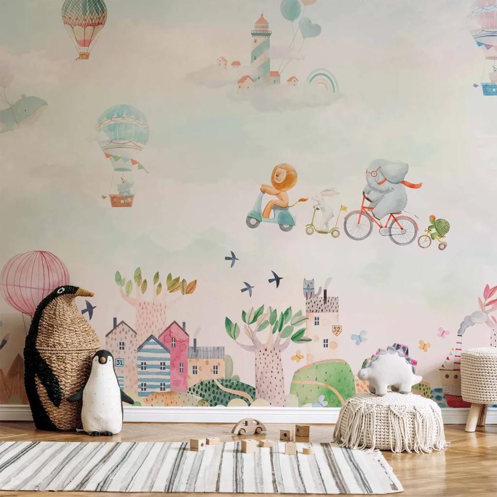 Fototapeta Pohádková země - svět v oblacích s domečky a balónky pro děti