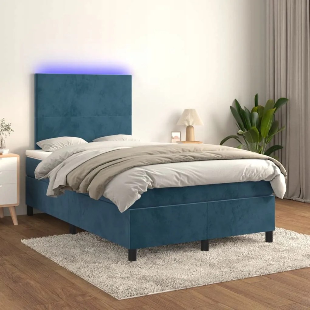 Box spring postel s matrací a led tmavě modrá samet tmavě moddrá