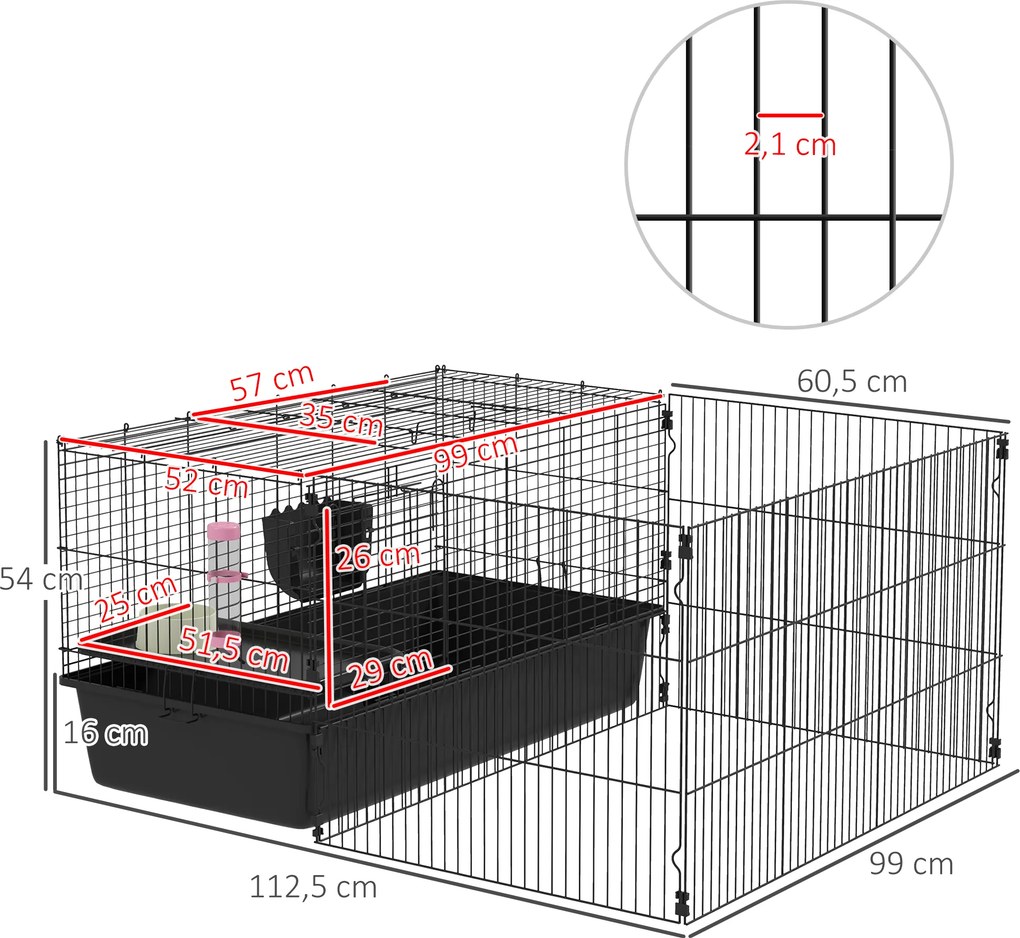 Bouda PawHut pro malá zvířata s výběhem, 112,5L x 99W x 54H cm, s lahví na vodu, krmítkem, miskou na krmení, pro malá zvířata, ocel, černá | Aosom