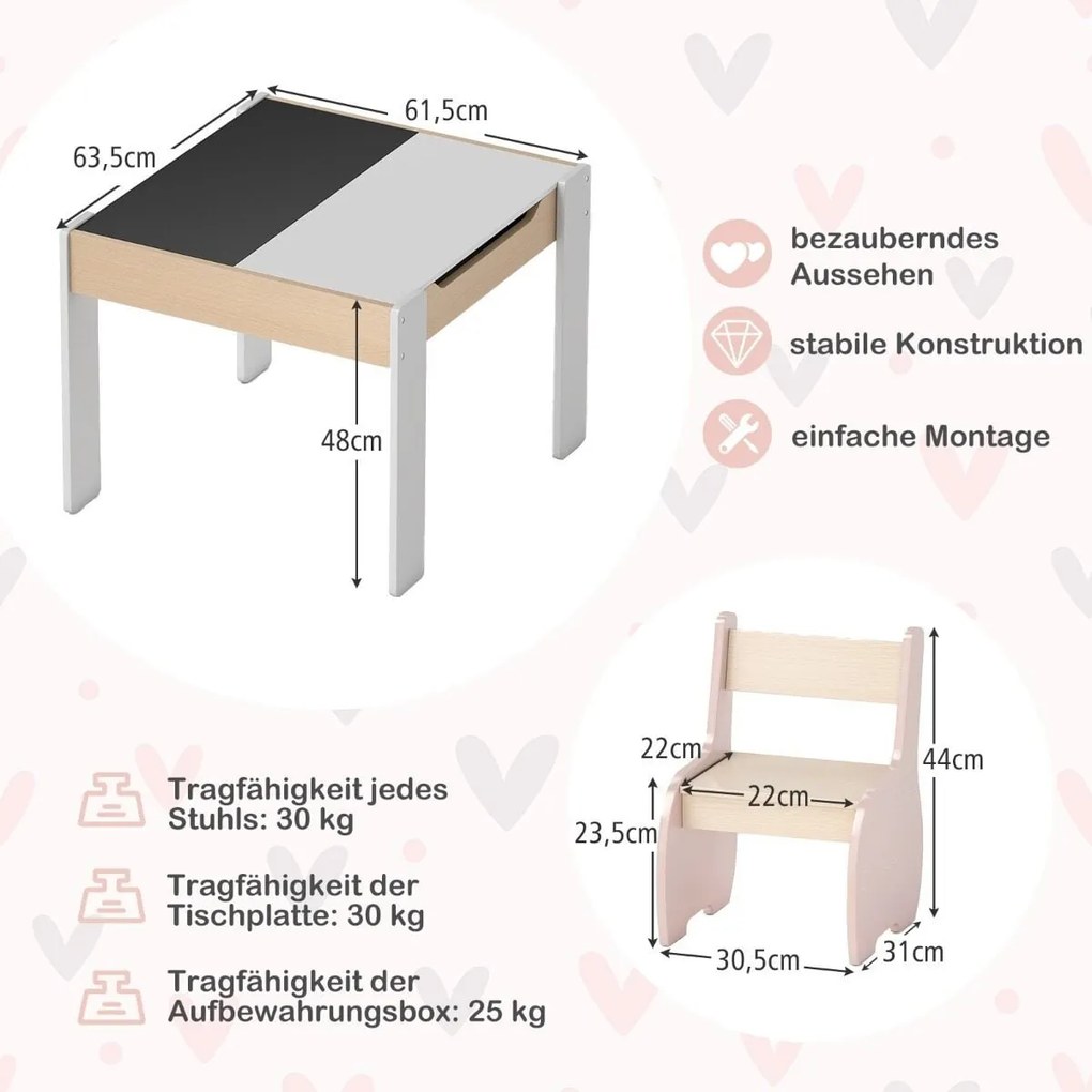 Costway Dětský stolek se 2 židlemi a pojízdnou knihovnou, růžový
