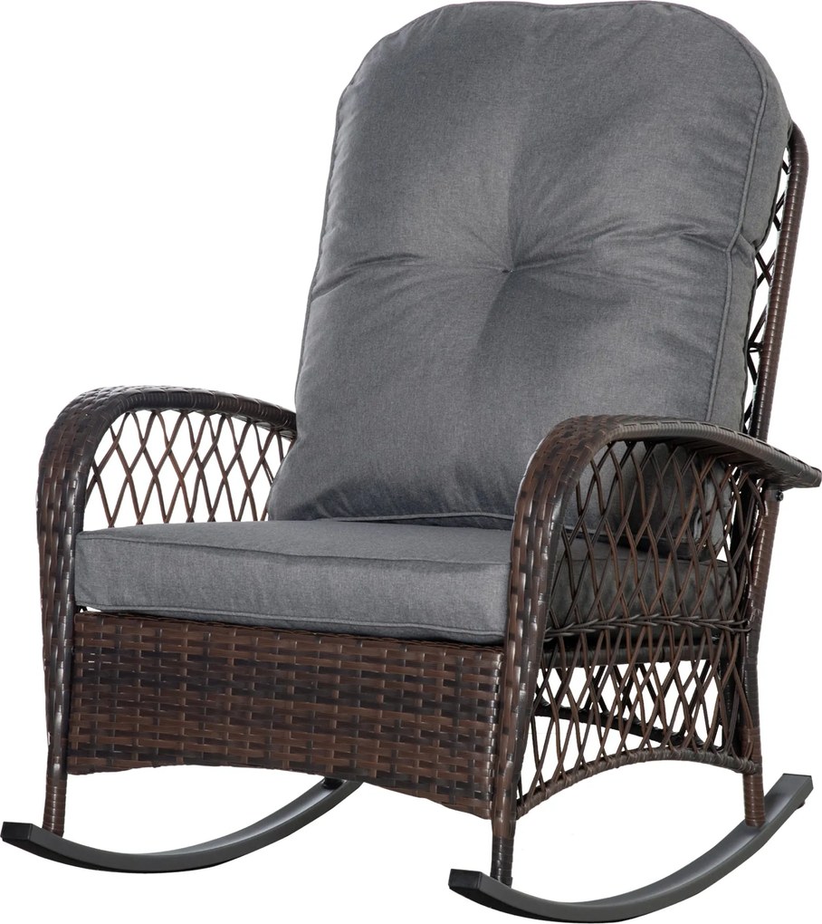 Outsunny Poly Rattan Houpací Křeslo s Polštáři, Zahradní Křeslo, Lounge Nábytek, Hnědé 75 x 98 x 91 cm | Aosom