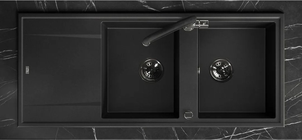 Laveo Megalo, 2-komorový granitový dřez 1160x500x185 mm s dlouhým odkapávačem, černá, LAV-SBE_721T