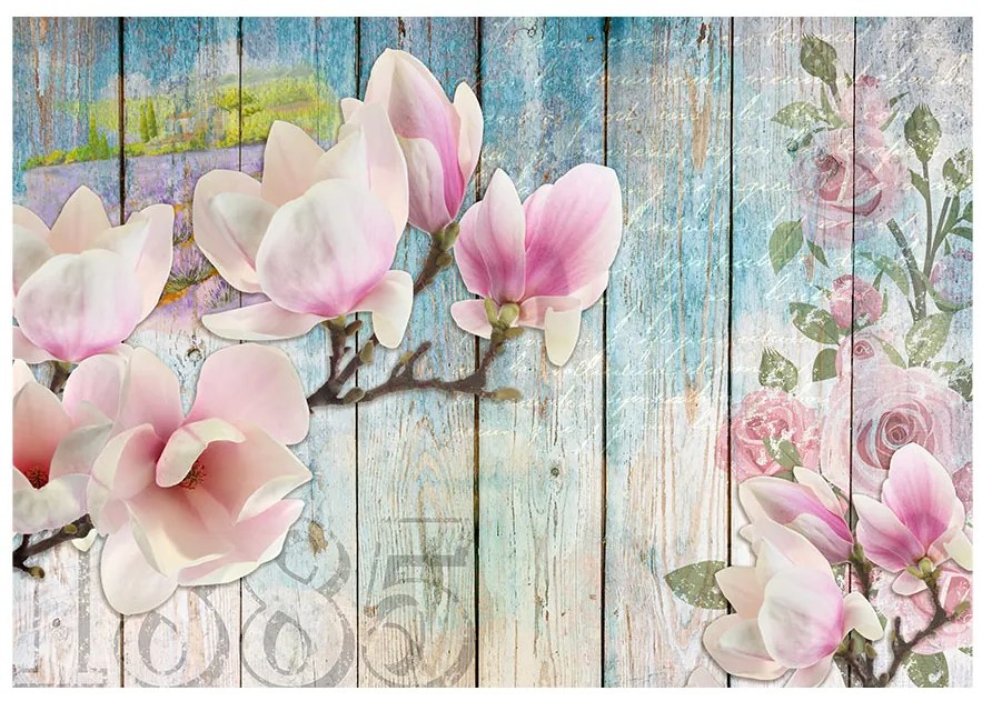 Fototapeta - Růžové květiny na dřevě 250x175 + zdarma lepidlo