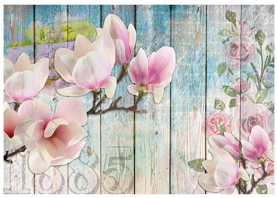 Fototapeta - Růžové květiny na dřevě 300x210 + zdarma lepidlo
