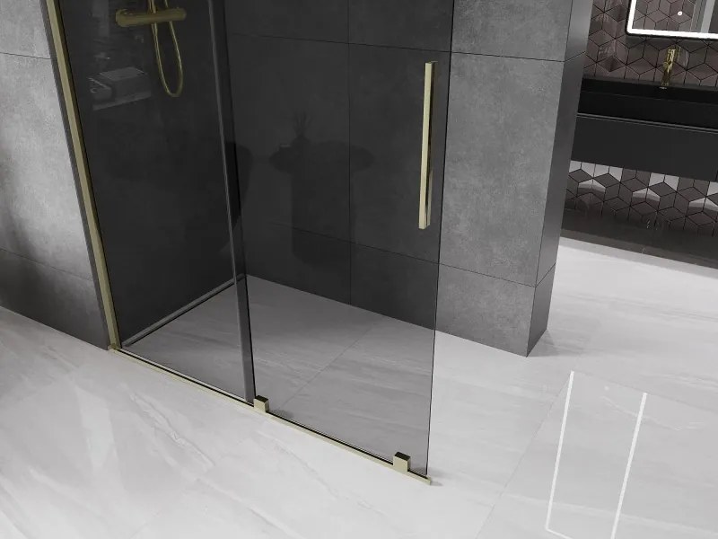 Mexen Velar, sprchová zástěna s posuvnými dveřmi Walk-in 130 x 200 cm, 8mm šedé sklo, zlatá lesklá, 871-130-000-43-50