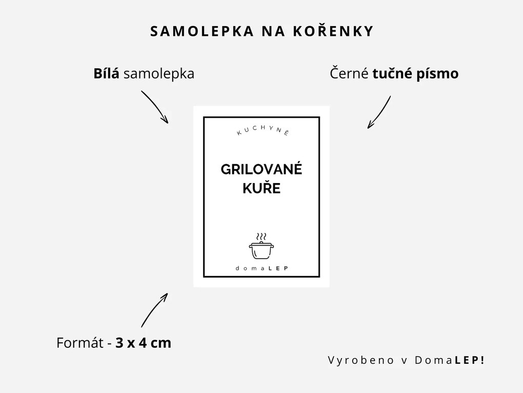 GRILOVANÉ KUŘE - Samolepka na kořenky 3 x 4 cm - DomaLEP varianta: PRŮHLEDNÁ - základní písmo