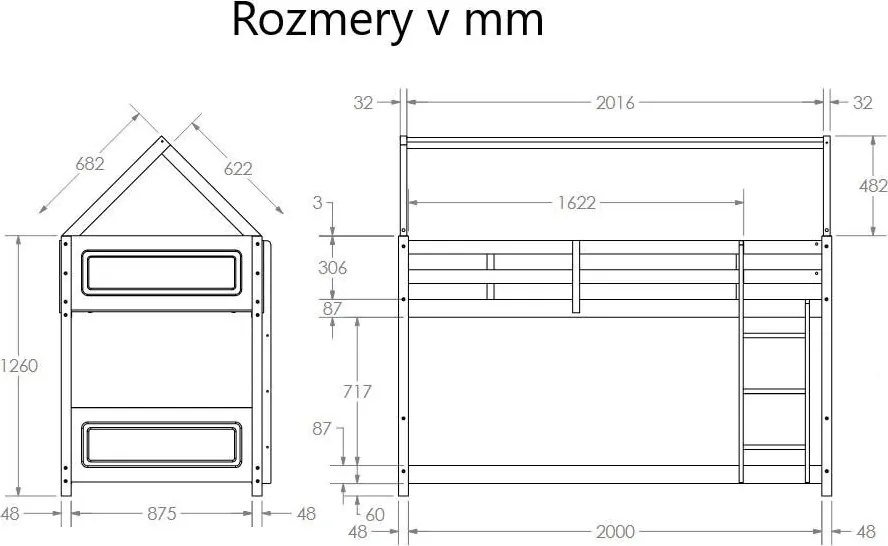 DOMICA 90 patrová postel domeček 90 x 200 bílá