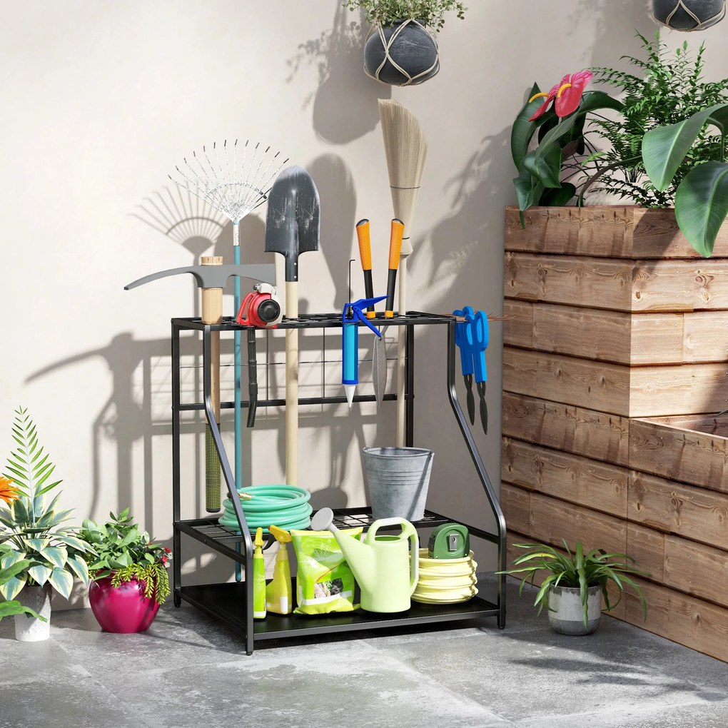 Organizér na zahradní nářadí Outsunny s háčky, 3-podlažní držák na nářadí do garáže, stojan na zahradní nářadí pro nůžky, lopaty a hrabla, oranžová g…