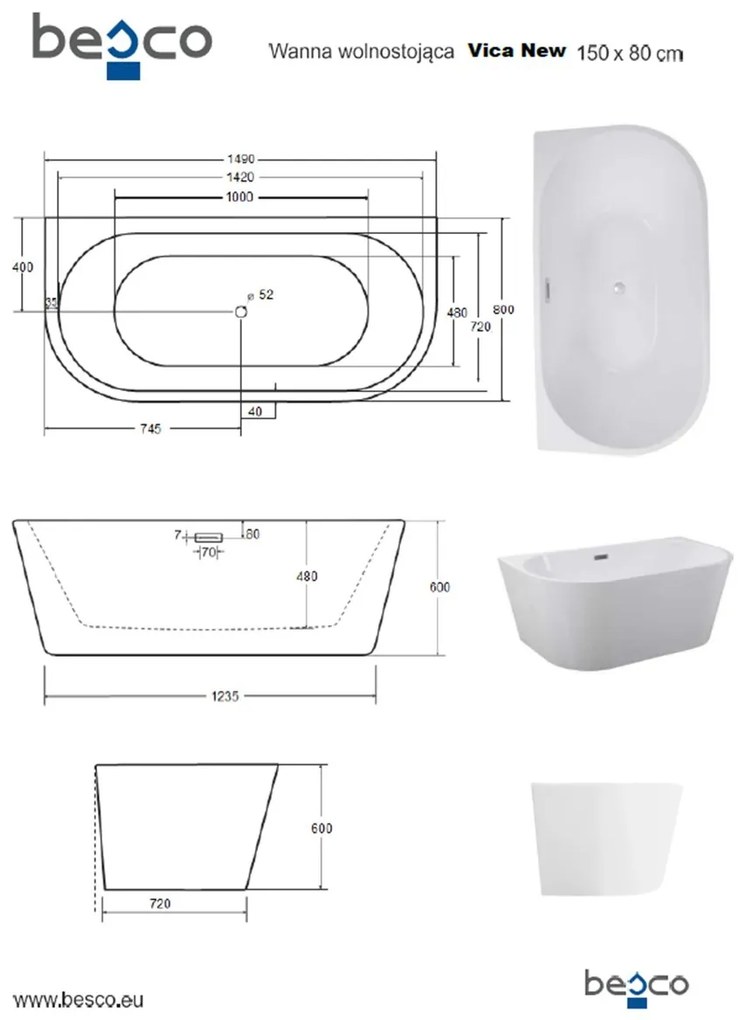 BESCO Volně stojící vana VICA NEW bílá, sifon s přepadem Barva - Bílá, Barva sifonu - Bílá, Rozměr vany - 150 × 80 cm - VANVIC150NW