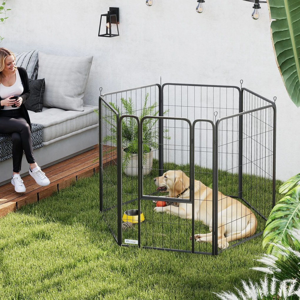 Ohrádka pro psy se 6 panely, robustní, s bezpečnými dvířky, pro vnitřní i venkovní použití, na zahradu, do kempu, výška 100 cm