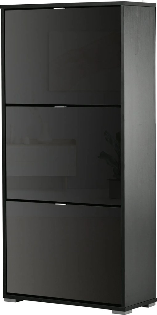 HOMCOM Skříň na boty, botníková police se 3 skládacími dveřmi, 3 přihrádky, dřevěná, 60Š x 26H x 124V cm, lesklá černá