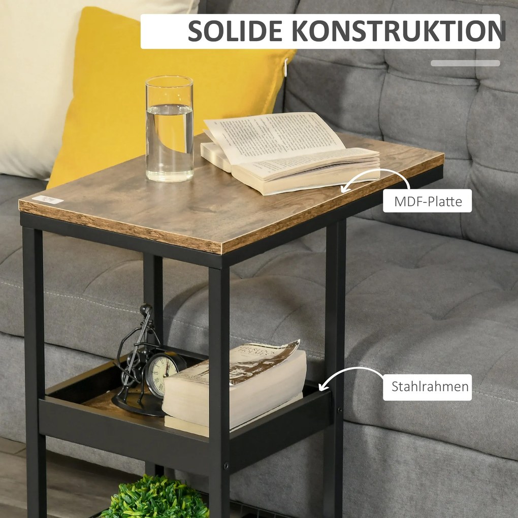 HOMCOM Boční stolek, Konferenční stolek na kolečkách, Úložný prostor, Průmyslový styl pro obývací pokoj, Ložnici, Tmavě hnědý, 51 x 33 x 66 cm