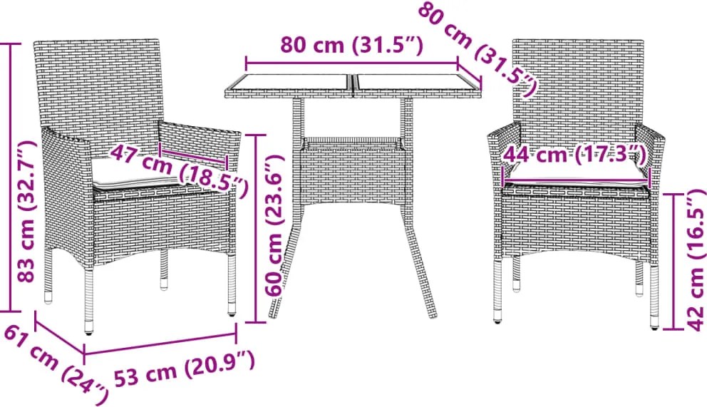 3dílný zahradní jídelní set s poduškami šedý polyratan a sklo 3278605